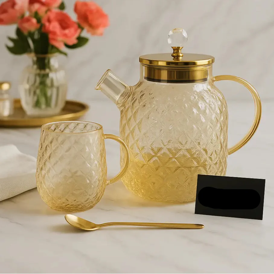 Golden Luxe Diamond Glass Tea Set – 13 Piece (1 Kettle, 6 Glasses & 6 ...