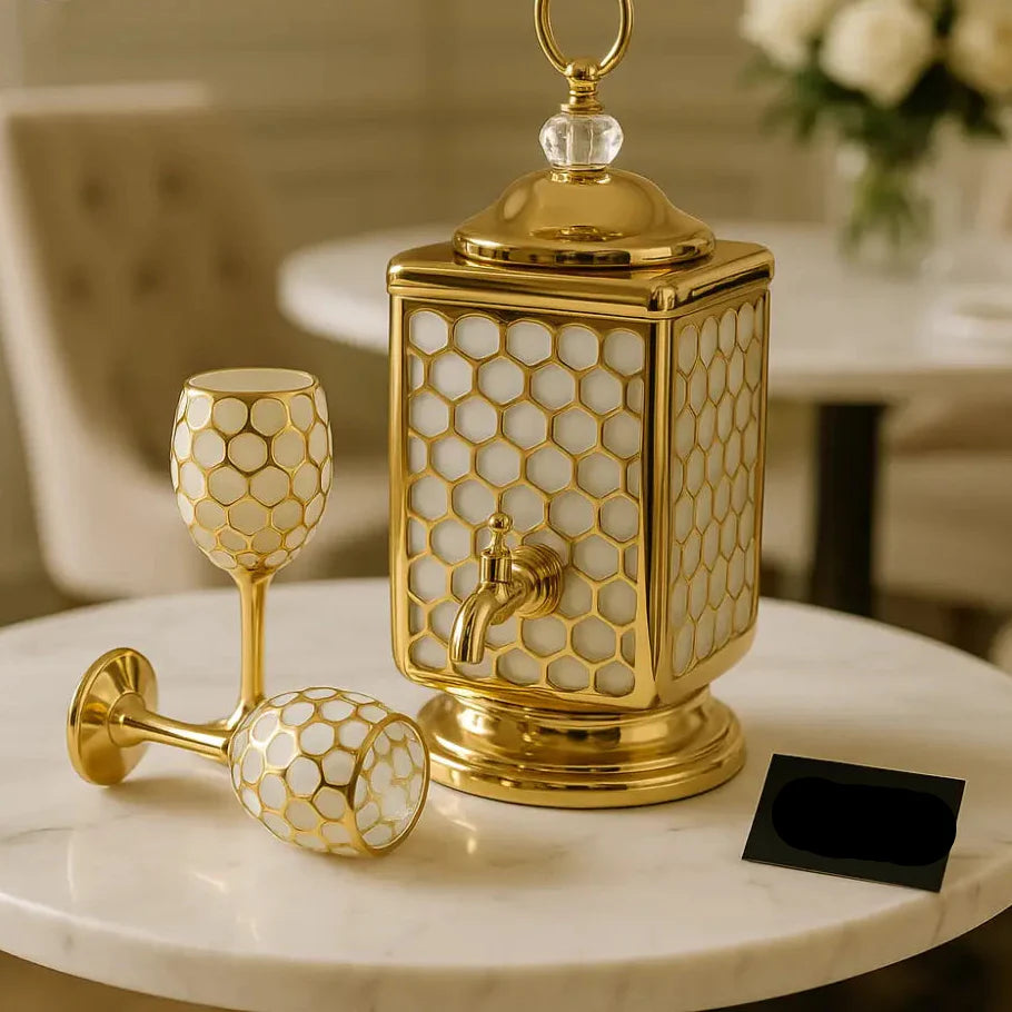 Royal Honeycomb Gold Beverage Dispenser Set With 6 Glasses – Luxury ...